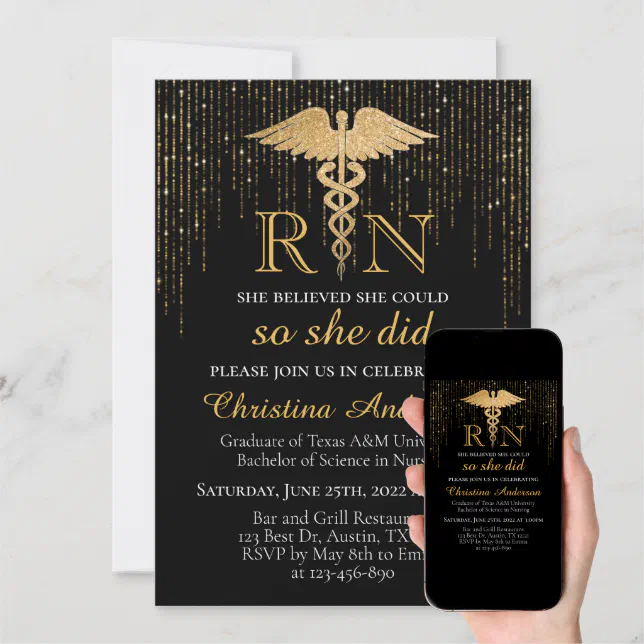 BSN RN Gold Sparkly Glitter Nursing Graduation Invitation | Zazzle
