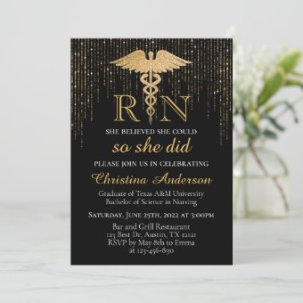 BSN RN Gold Sparkly Glitter Nursing Graduation Invitation | Zazzle