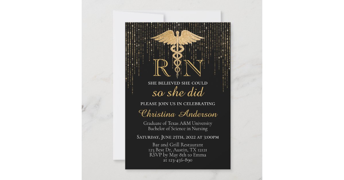 BSN RN Gold Sparkly Glitter Nursing Graduation Invitation | Zazzle