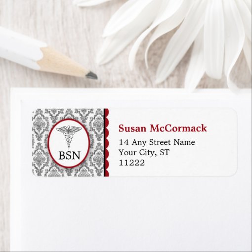 BSN RN LPN Damask Caduceus Black Burgundy Label | Zazzle
