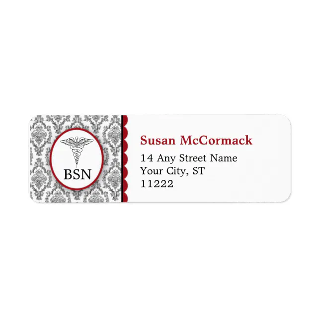 BSN RN LPN Damask Caduceus Black Burgundy Label | Zazzle