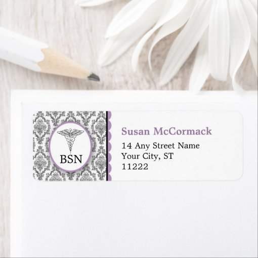 BSN RN LPN Damask Caduceus Black Lavender Label | Zazzle