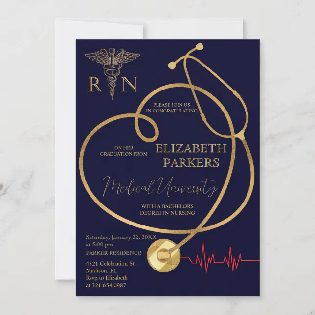 BSN RN Navy Gold Nursing Graduation Party Invitation | Zazzle
