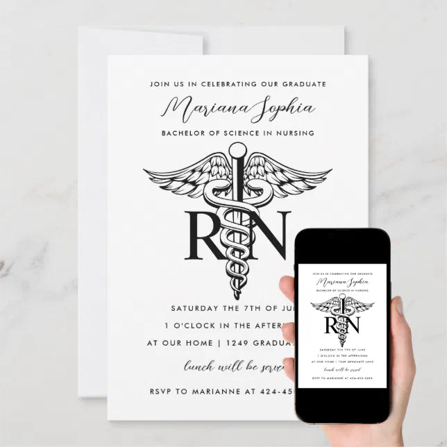 BSN RN Nurse Graduation Black and White Invitation | Zazzle