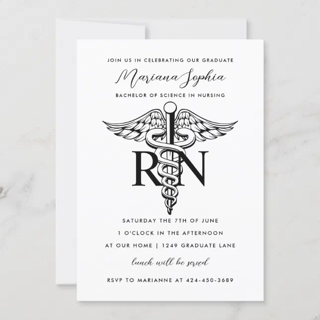 BSN RN Nurse Graduation Black and White Invitation | Zazzle