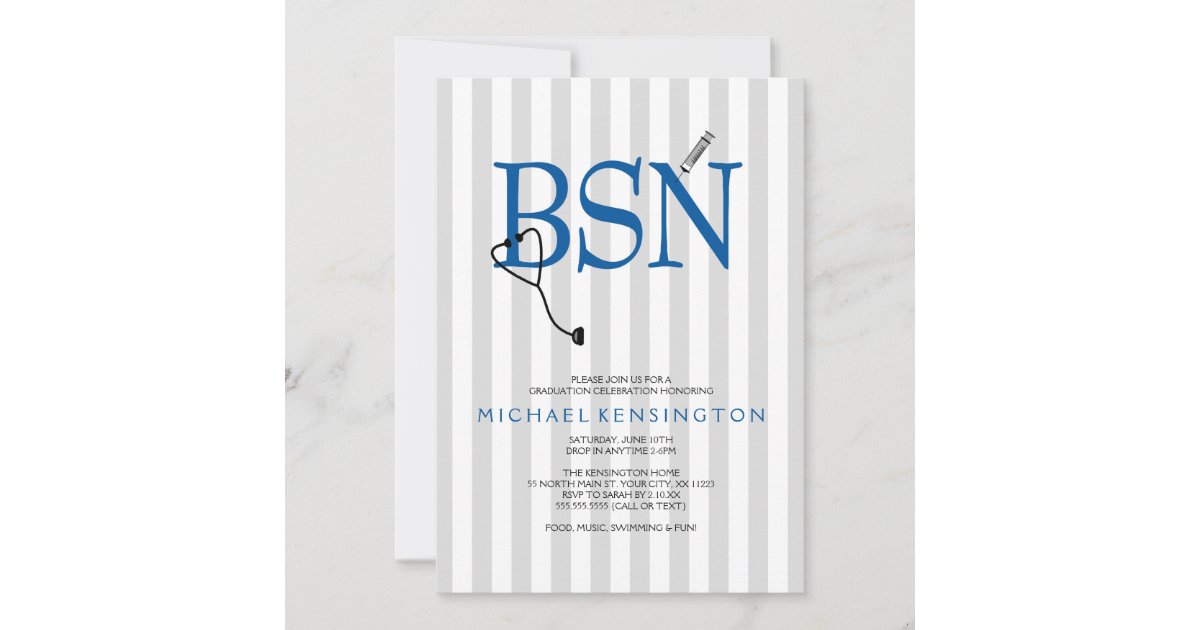 BSN RN nurse graduation invites / GREY STRIPES | Zazzle
