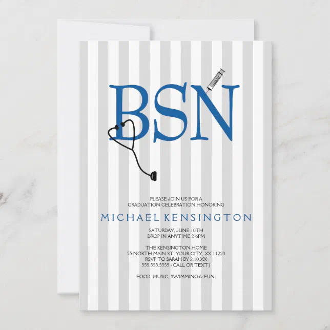BSN RN nurse graduation invites / GREY STRIPES | Zazzle