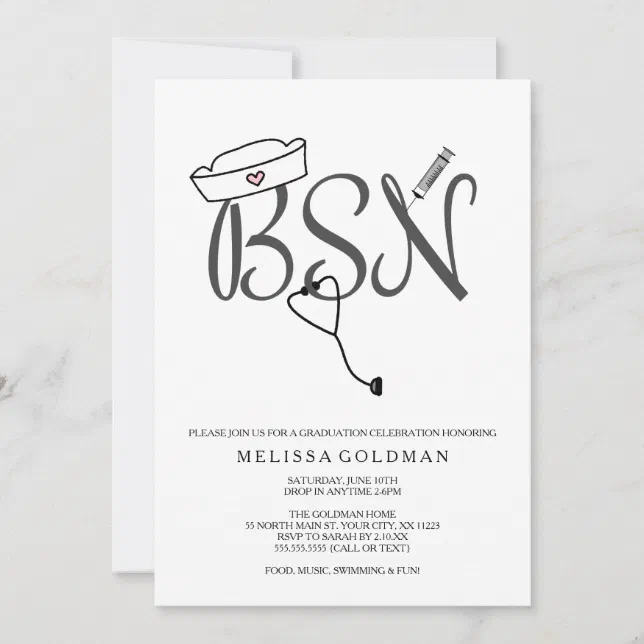 BSN RN nurse graduation invites simply stated | Zazzle