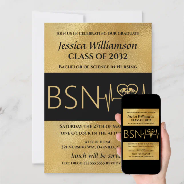 BSN RN Nurse Graduation Party Announcement Gold | Zazzle