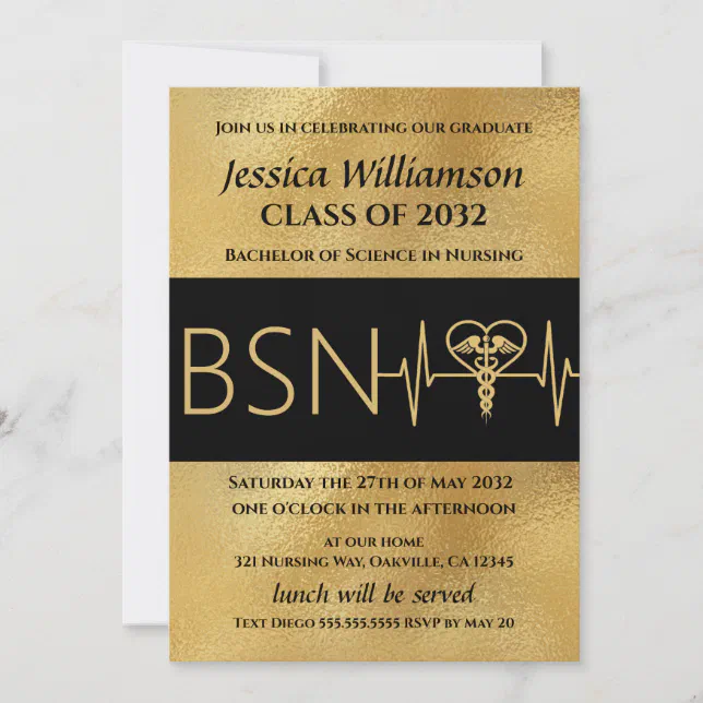 BSN RN Nurse Graduation Party Announcement Gold | Zazzle