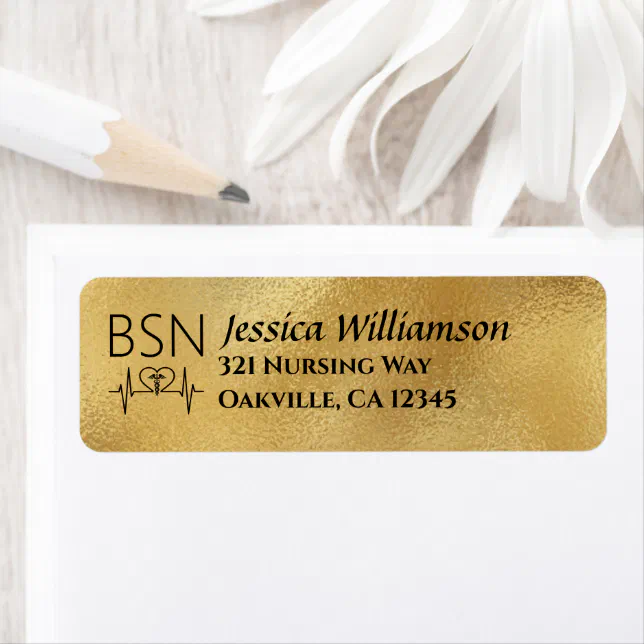 BSN RN Nurse Graduation Party Black Gold Address Label | Zazzle