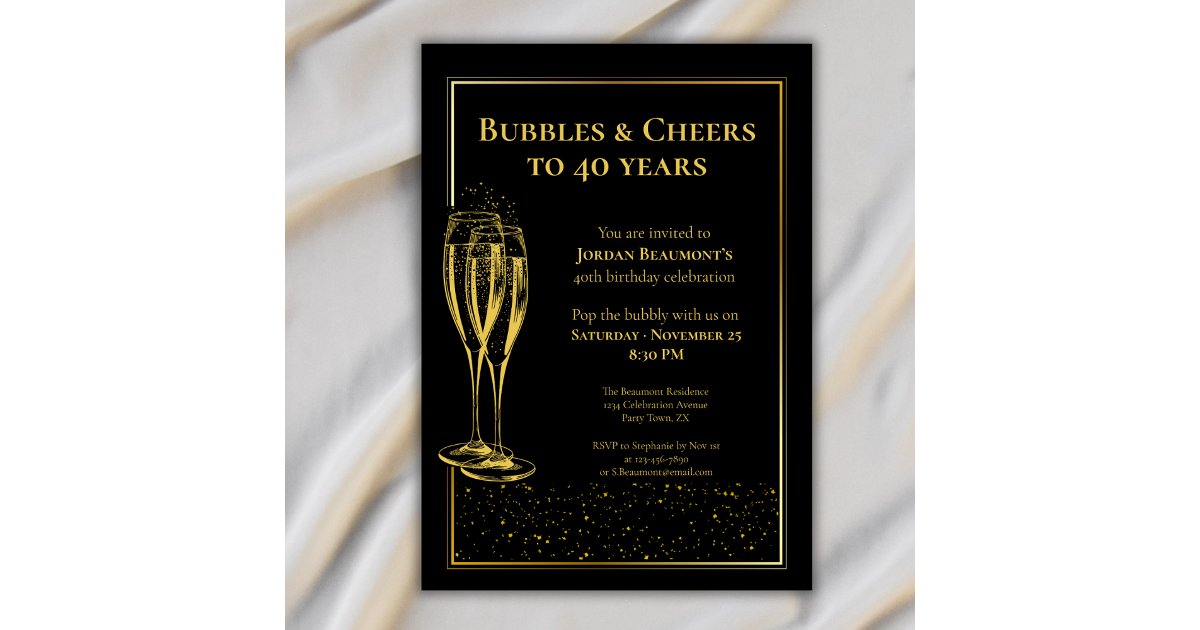 Bubbles and Cheers Black Gold 40th Birthday Party Invitation | Zazzle