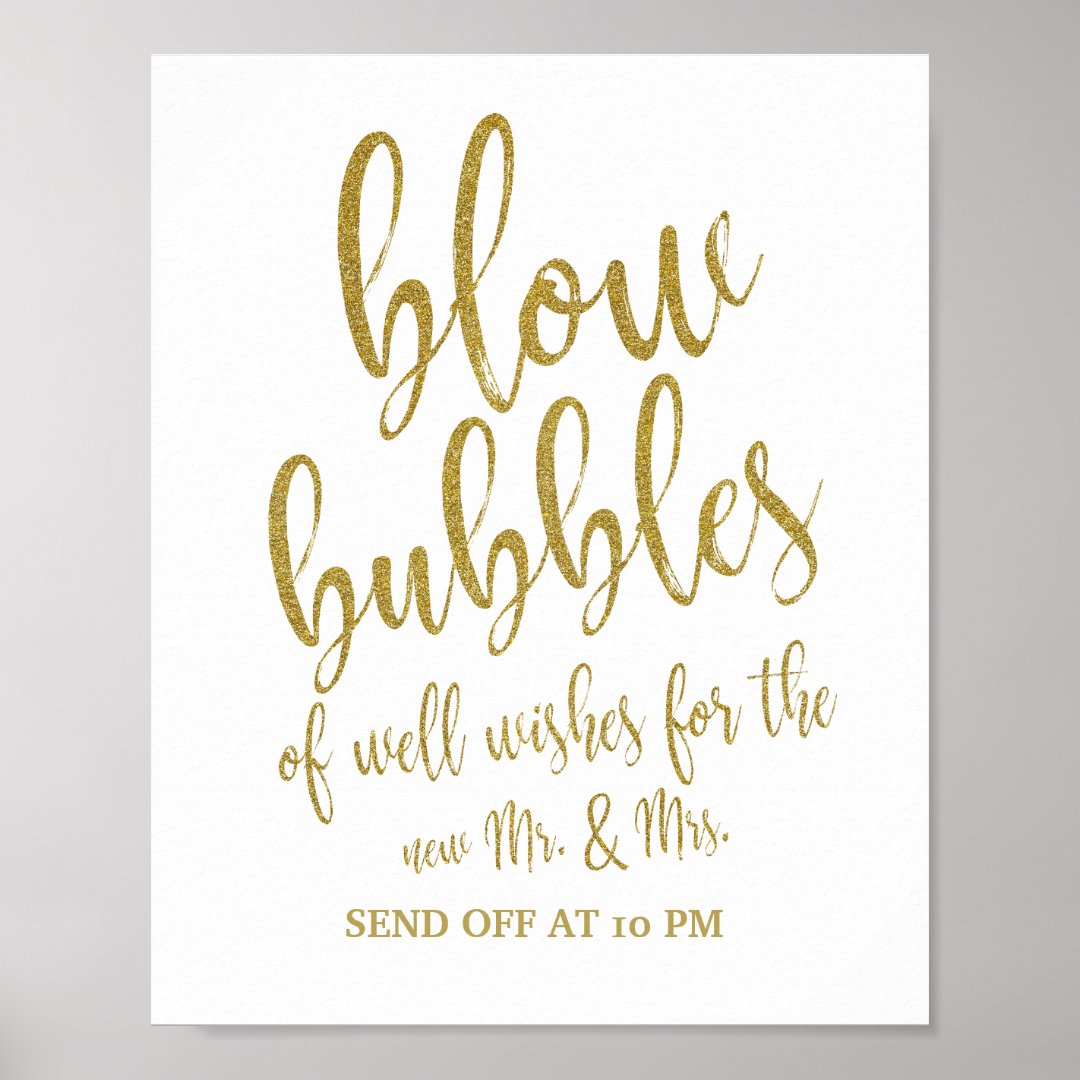 Bubbles Send Off Gold Glitter 8x10 Wedding Sign | Zazzle