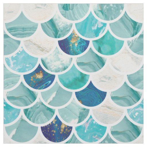 Bubbly Aqua turquoise marble mermaid fish scales Fabric | Zazzle