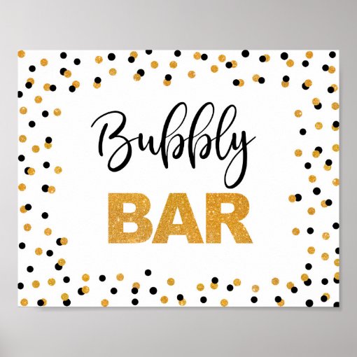 Bubbly Bar Party Sign Black and Gold Glitter | Zazzle