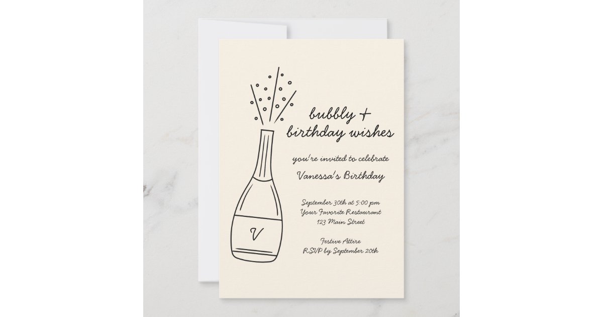 Bubbly Birthday Wishes Popping Champagne Bottle Invitation | Zazzle