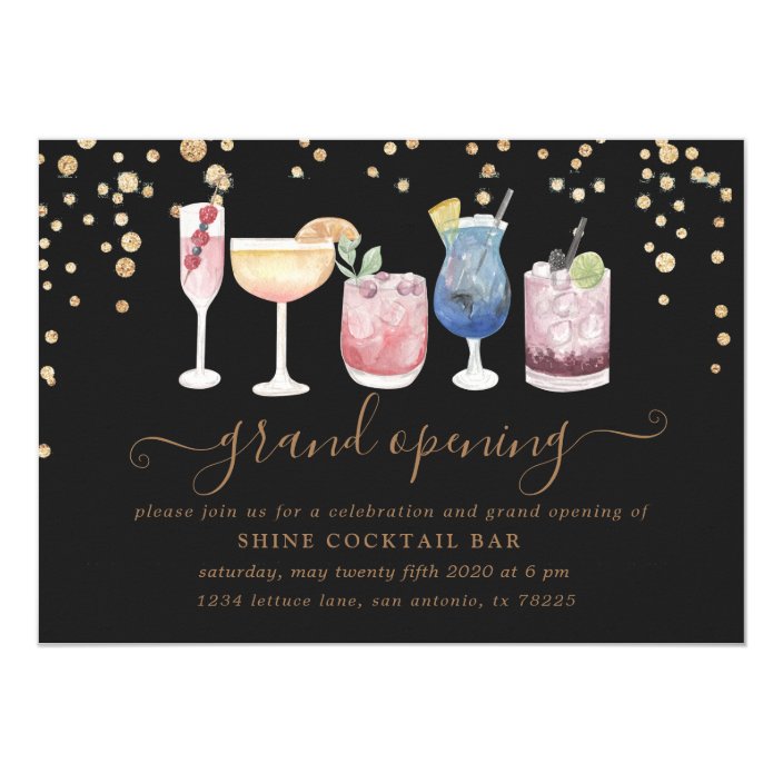 bubbly cocktails gold and glitter grand opening invitation | Zazzle.com