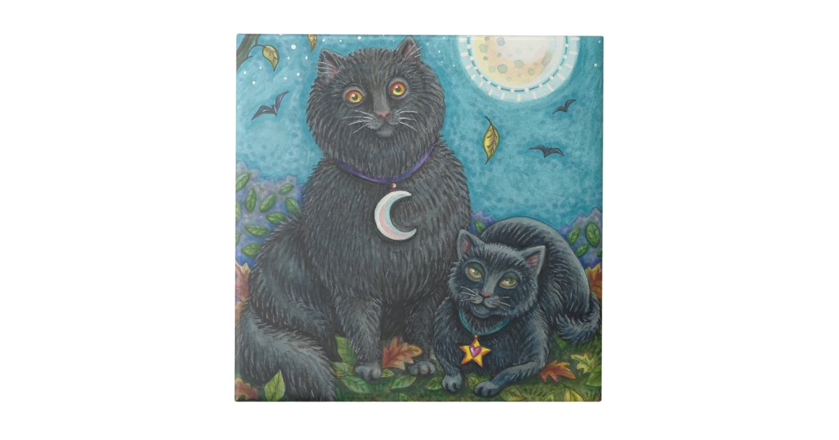 BUBO & PYEWACKET BLACK CATS, HALLOWEEN FOLK ART CERAMIC TILE | Zazzle