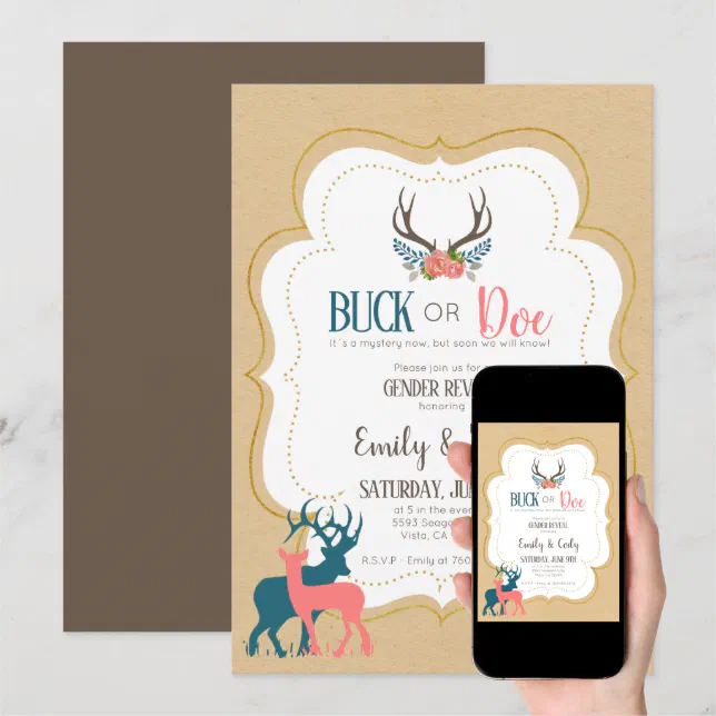 Buck or Doe Gender Reveal Party Baby Shower Invita Invitation | Zazzle