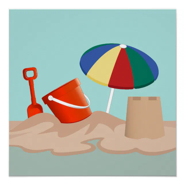 Bucket and Spade Beach Scene Illustration Poster | Zazzle