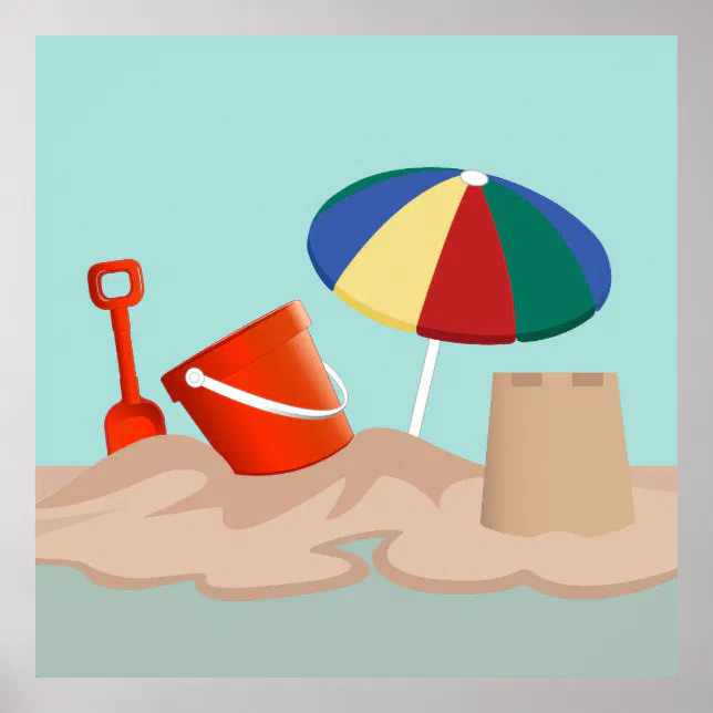 Bucket and Spade Beach Scene Illustration Poster | Zazzle
