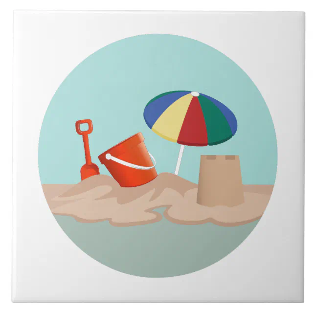 Bucket and Spade Circle Beach Scene Illustration Ceramic Tile | Zazzle