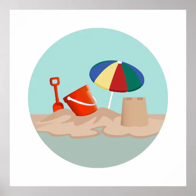 Bucket and Spade Circle Beach Scene Illustration Poster | Zazzle