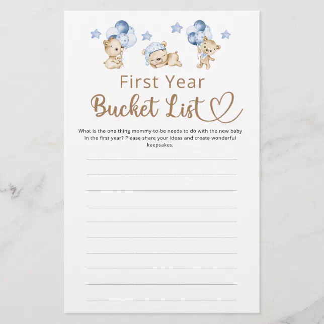 Bucket List First Year Boy Teddy Bear Baby Shower | Zazzle
