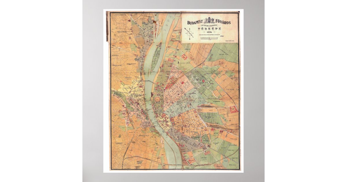 Budapest Hungary Map from 1884 Poster | Zazzle