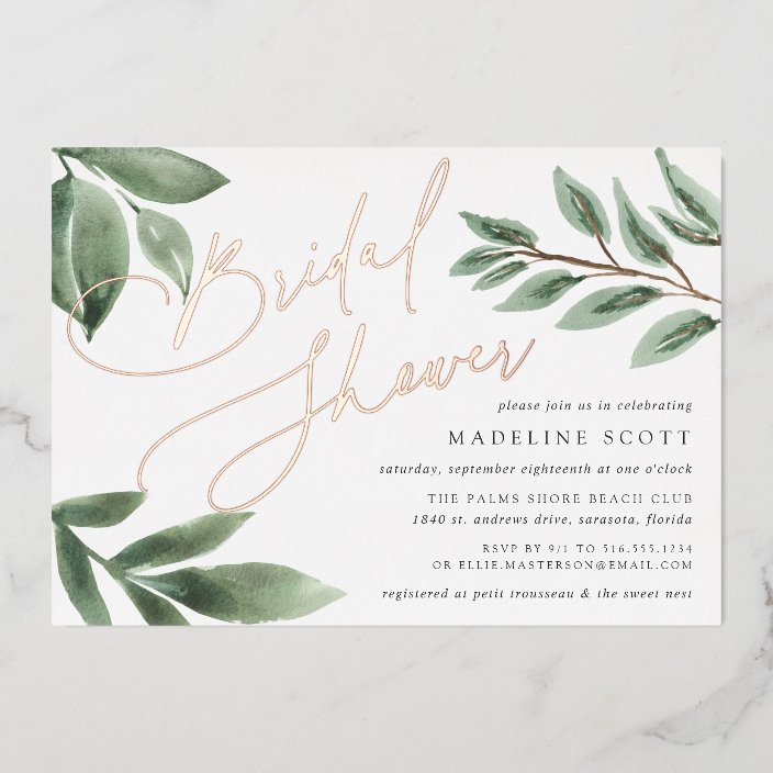 Budding Branch | Elegant Botanical Bridal Shower Foil Invitation ...