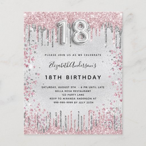 Budget 18th birthday silver pink invitation | Zazzle