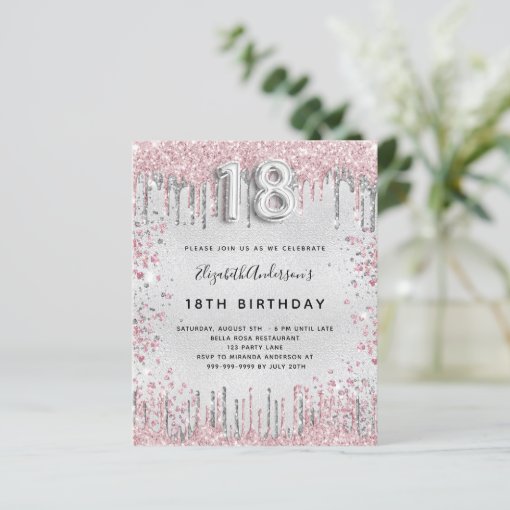 Budget 18th birthday silver pink invitation | Zazzle