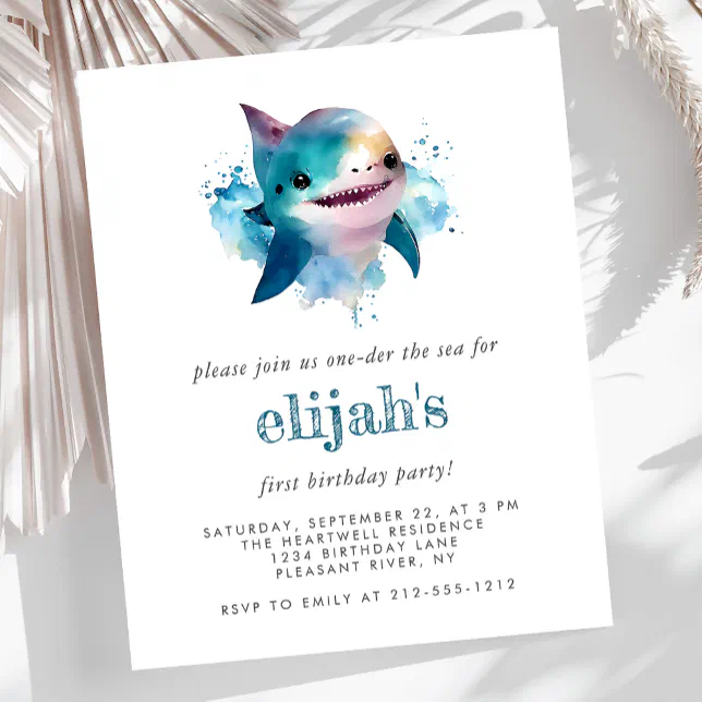 Budget 1st Birthday Blue Watercolor Shark Invite | Zazzle