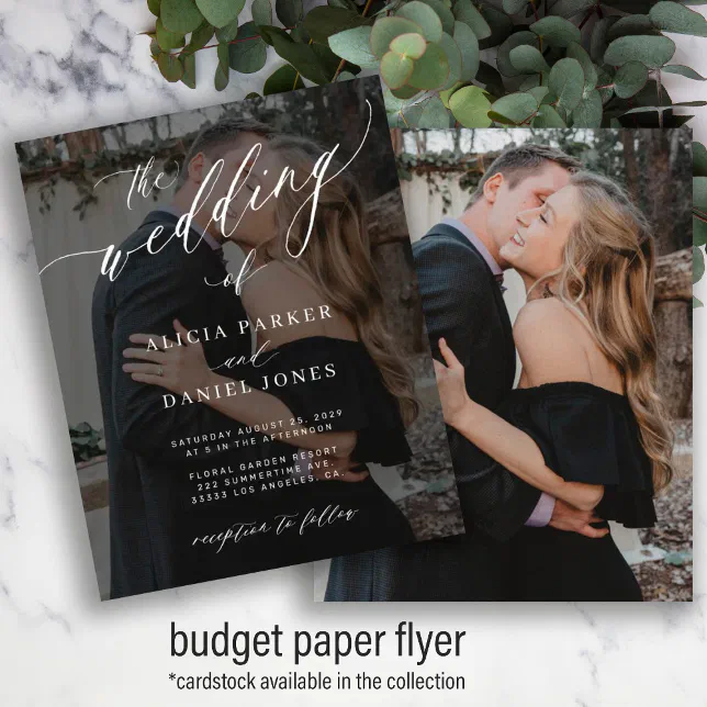 Budget 2 photos elegant script wedding invitation flyer | Zazzle