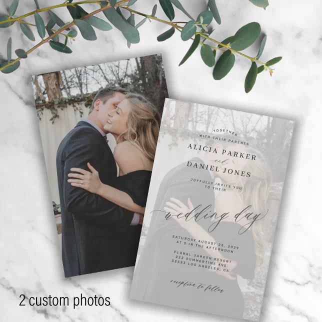 Budget 2 photos modern overlay wedding invitation | Zazzle