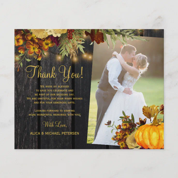 Budget 2 photos rustic fall wood wedding thank you flyer | Zazzle