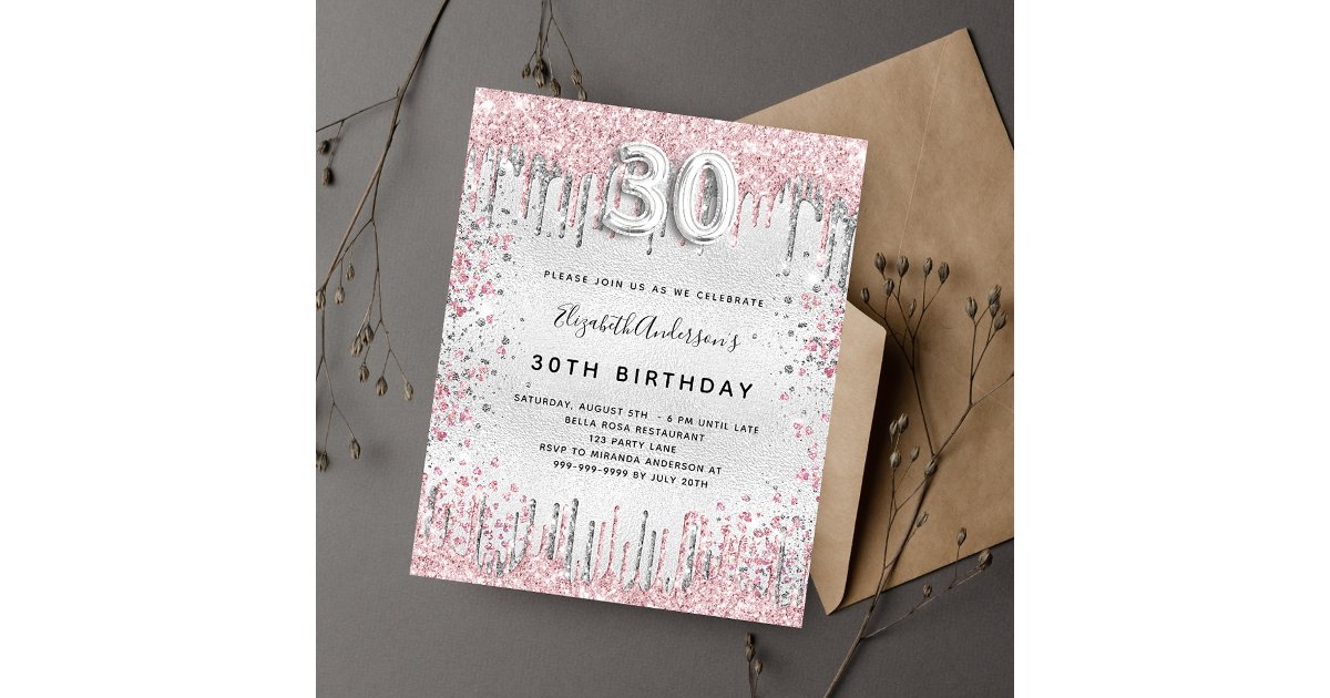 Budget 30th birthday silver pink invitation | Zazzle