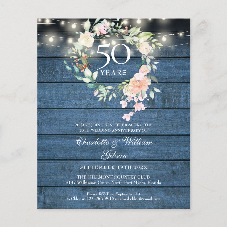 Budget 50th Anniversary Rustic Floral Invitation | Zazzle