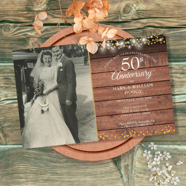 Budget 50th Anniversary Rustic Photo Invitation | Zazzle