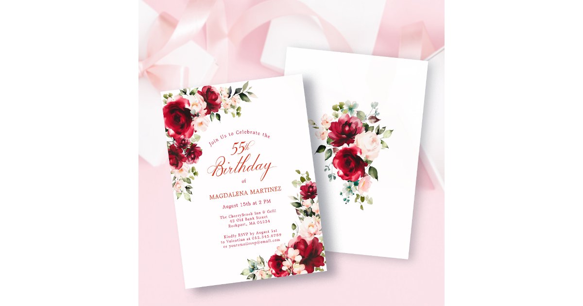 BUDGET 55th Birthday Red Pink Rose Invitation | Zazzle