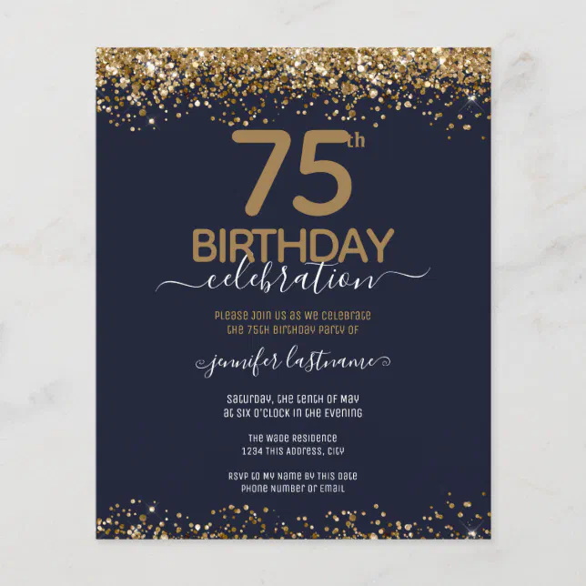 Budget 75th Birthday Glitter Invitation Flyer | Zazzle