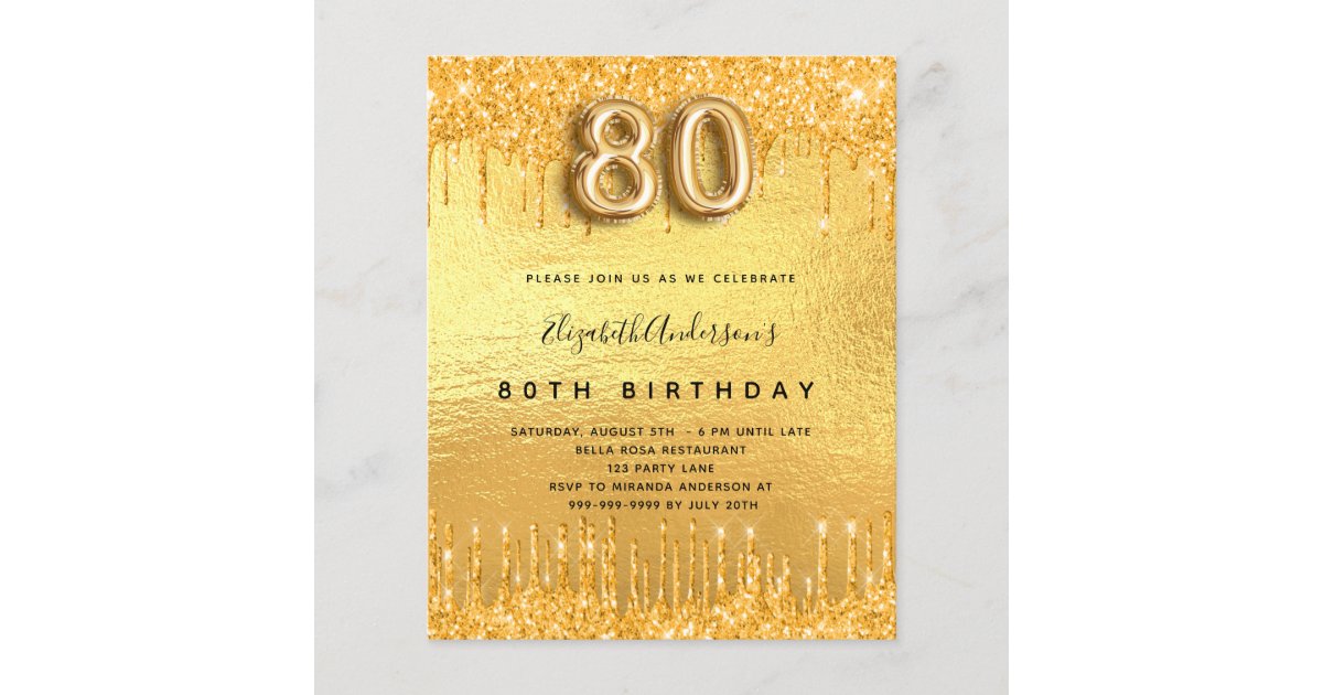 Budget 80th birthday party gold glitter invitation | Zazzle