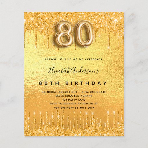 Budget 80th birthday party gold glitter invitation | Zazzle