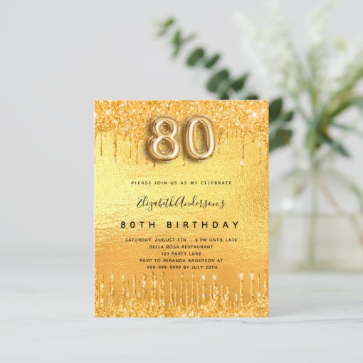 Budget 80th birthday party gold glitter invitation | Zazzle