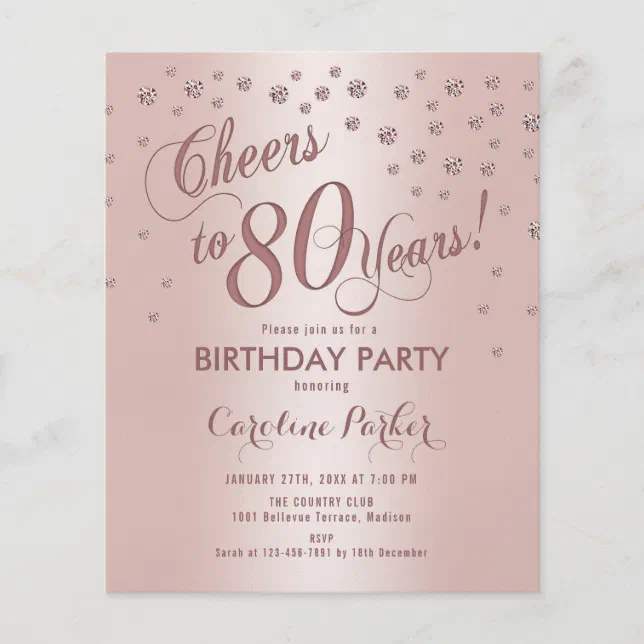 Budget 80th Birthday Party - Rose Gold Invitation Flyer | Zazzle