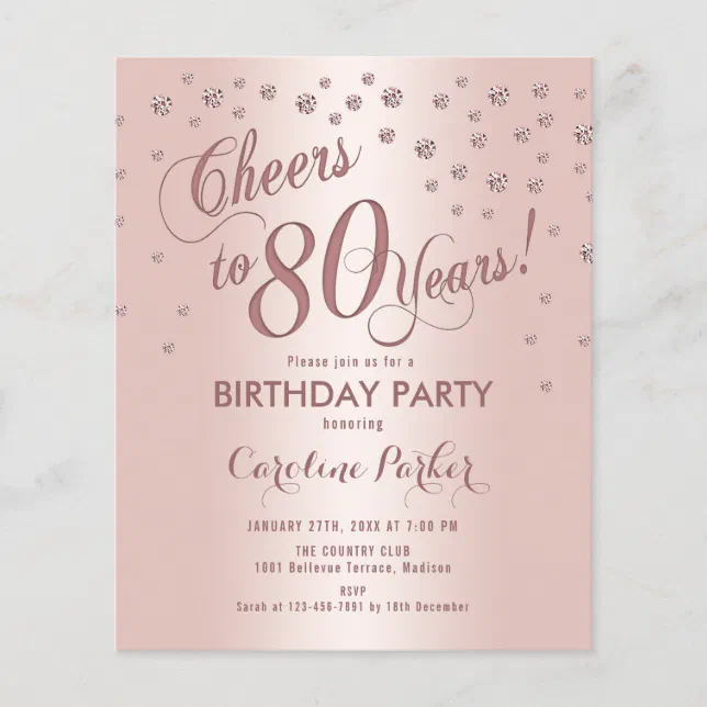 Budget 80th Birthday Party - Rose Gold Invitation Flyer | Zazzle