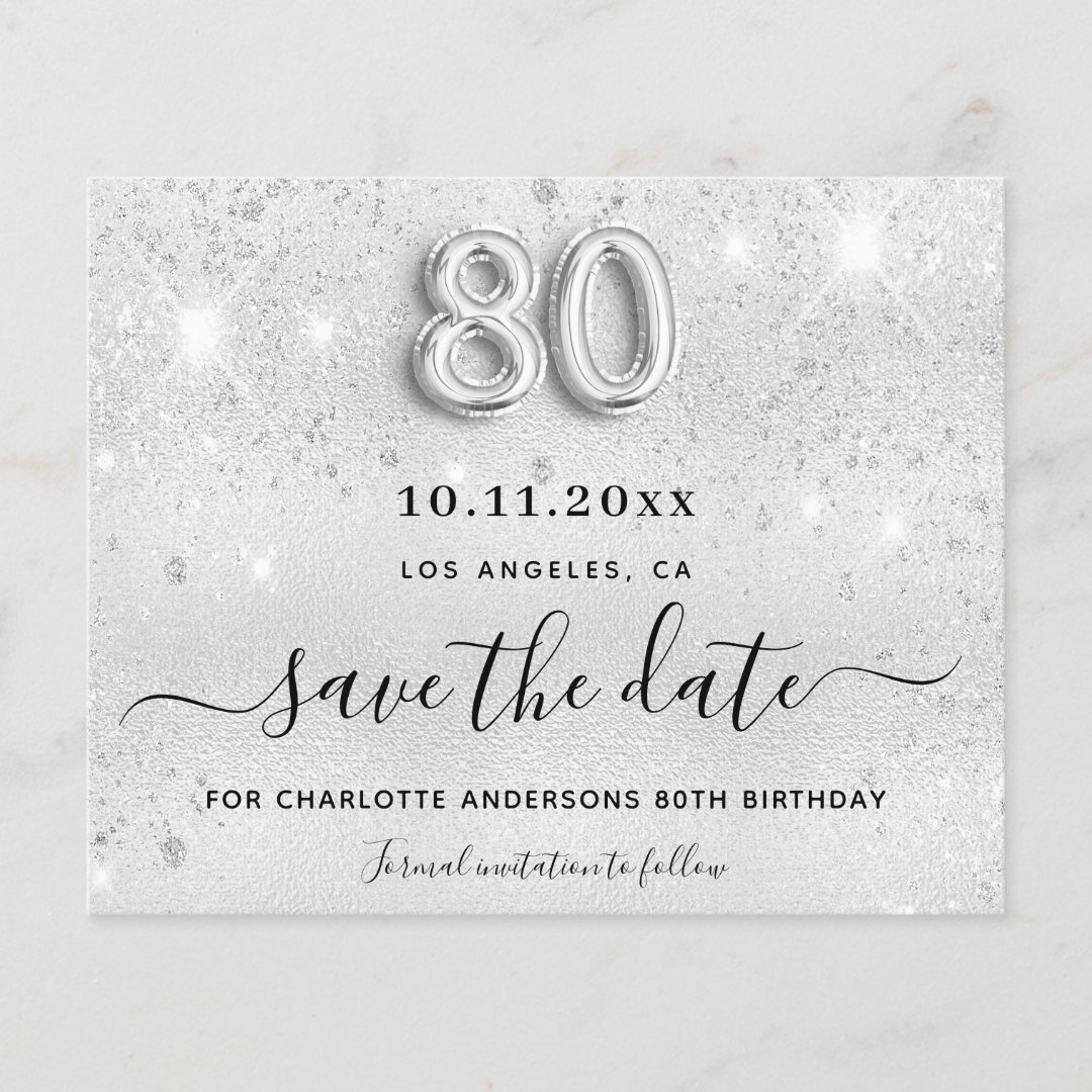 Budget 80th birthday silver glitter save the date | Zazzle