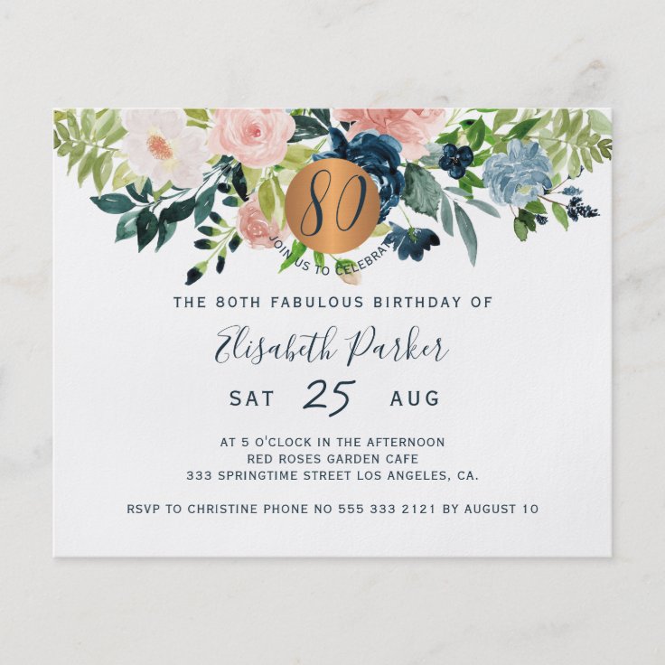 Budget 80th floral birthday party Invitation Flyer | Zazzle