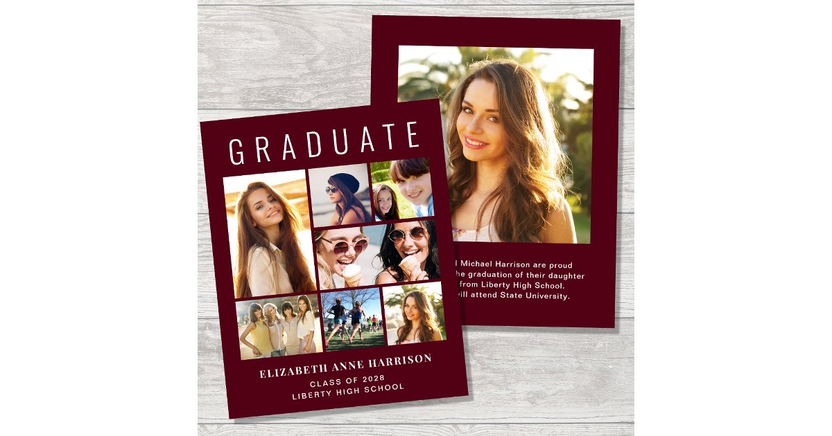 Budget 8 Photo Burgundy Graduation Announcement | Zazzle