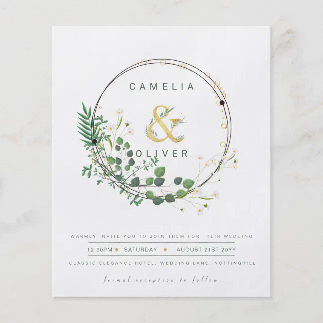 BUDGET All-in-1 Green Gold Wreath QR Code Wedding Flyer | Zazzle